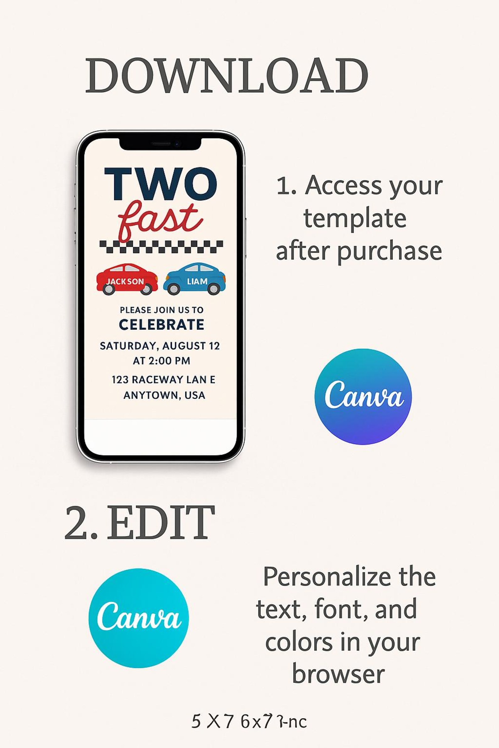 Two Fast Twin Birthday Invitation – Race Car Party Invite for Twin Boys ...