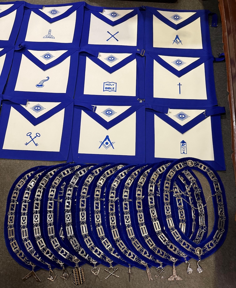 Masonic Blue Lodge Officer Regalia Set: 12 Aprons, Collars, Jewels ...