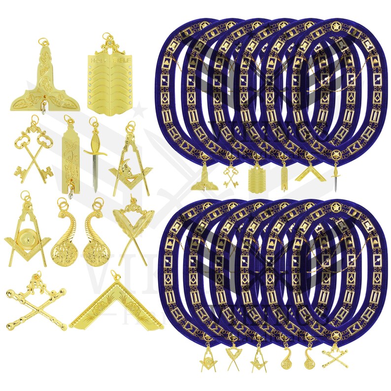 Masonic Blue Lodge Officer Regalia Set: Embroidered Aprons, Gold Chain ...