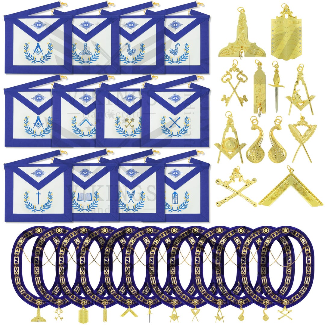 Masonic Blue Lodge Officer Regalia Set: Embroidered Aprons, Gold Chain ...