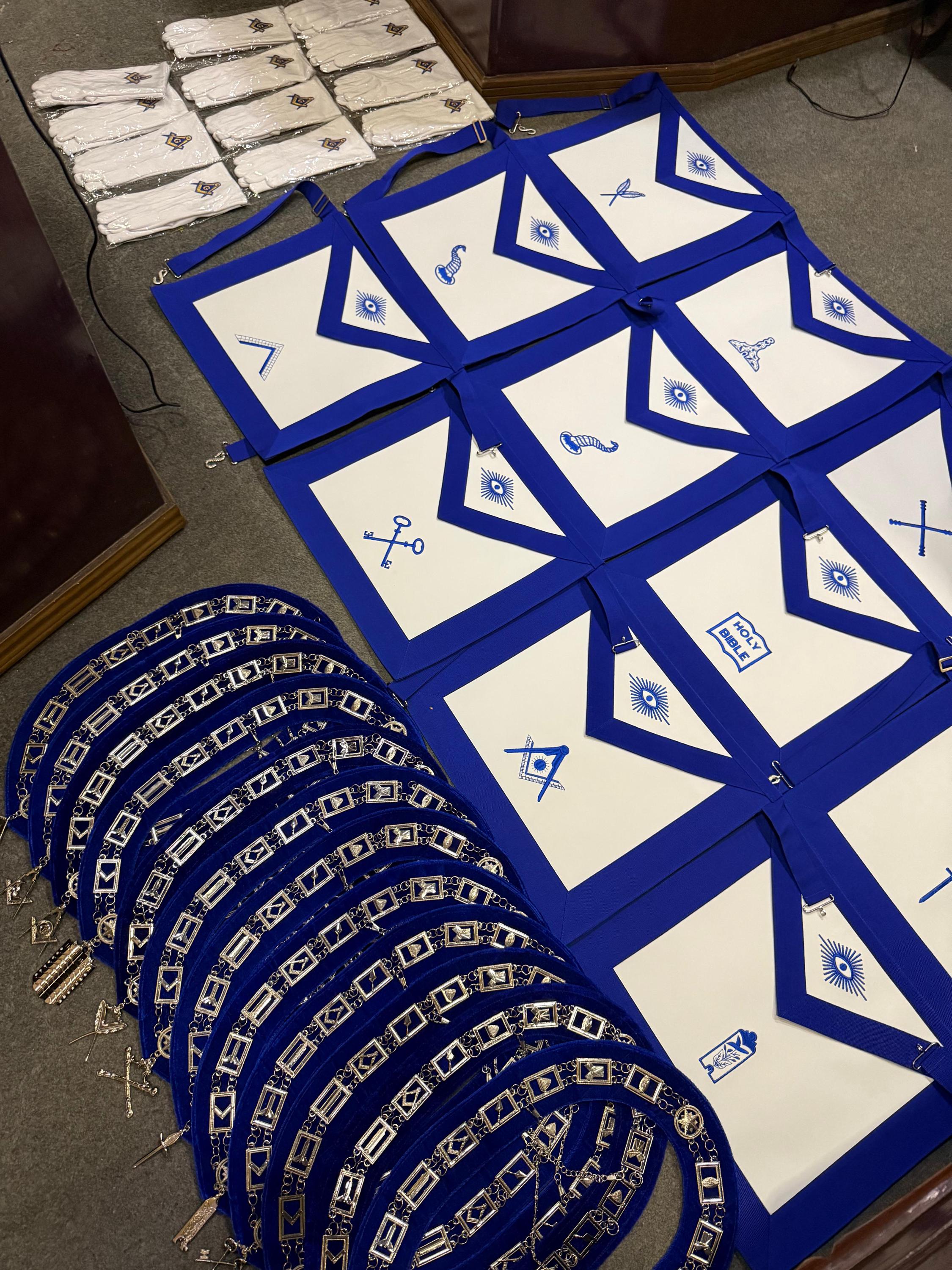 Masonic Blue Lodge Officer Regalia Set: 12 Aprons, Collars, Jewels ...