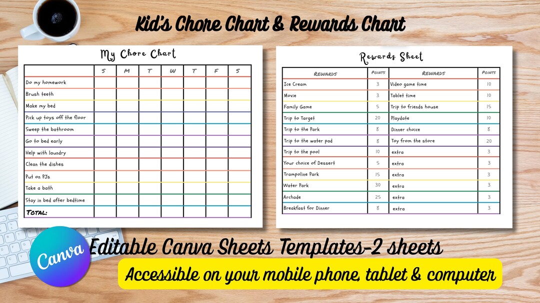 Kid's Chore Chart & Reward Chart - 2 Customizable Canva Template ...