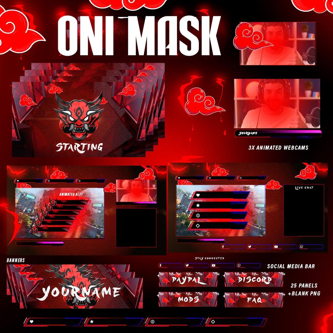Streamer Theme Overlay – Animated Oni Mask Twitch Overlay Pack - Etsy
