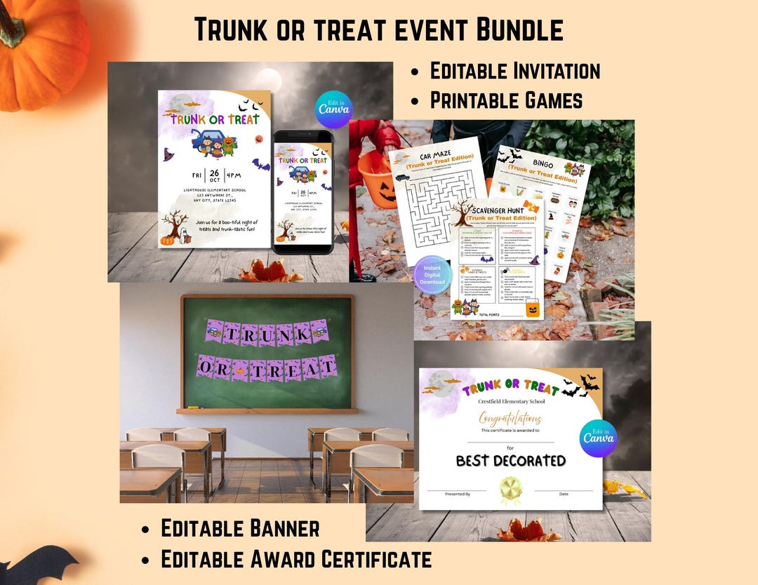 Trunk or Treat Party Bundle, Editable Halloween Invitation 5x7, Mobile ...