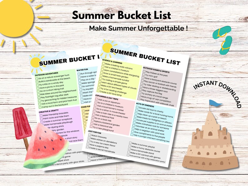 Summer Bucket List, Summer Activity Checklist Printable, Instant ...