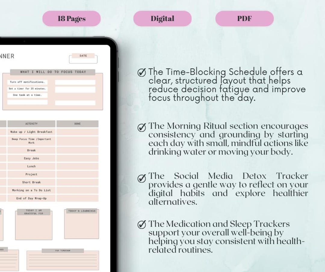 Adult ADHD Digital Planner, Daily Full Focus Planner, Undate Planner ...