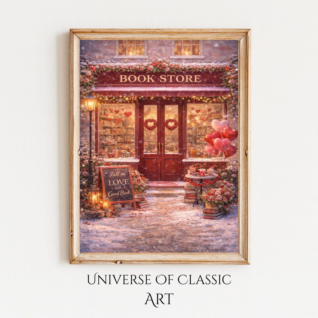 Valentine Book Store Wall Art, Romantic Village Bookshop Artwork, Cozy ...