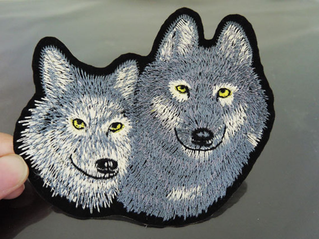 Large Iron on Patch or Sewing on Embroidery Grey Wolf Patch Two Wolves ...