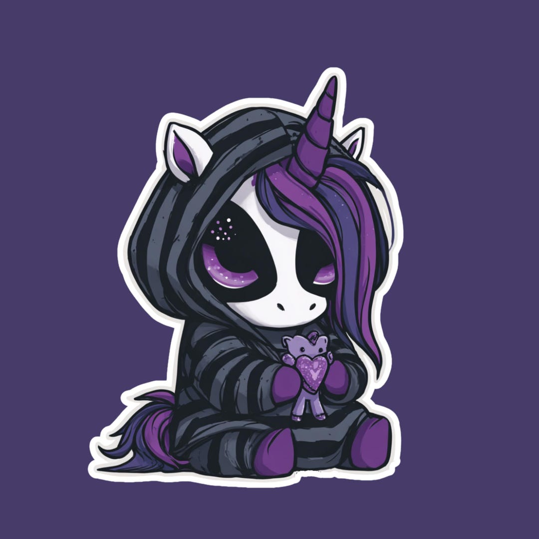 Emo Unicorn Sticker – Chibi Goth Unicorn With Broken Heart Plushie ...