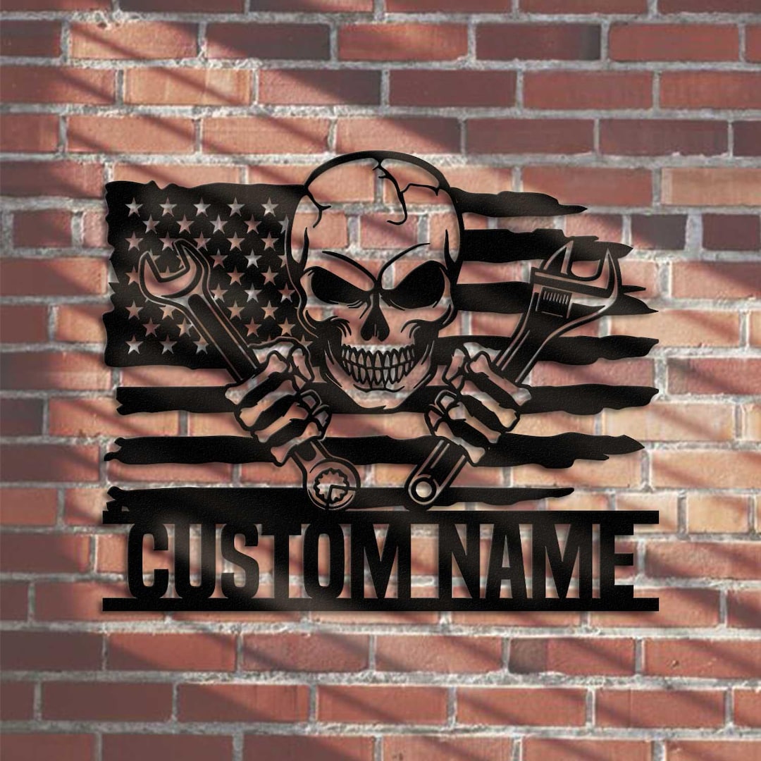 Custom Garage Sign With US Flag & Skull, Personalized Name Mechanic ...
