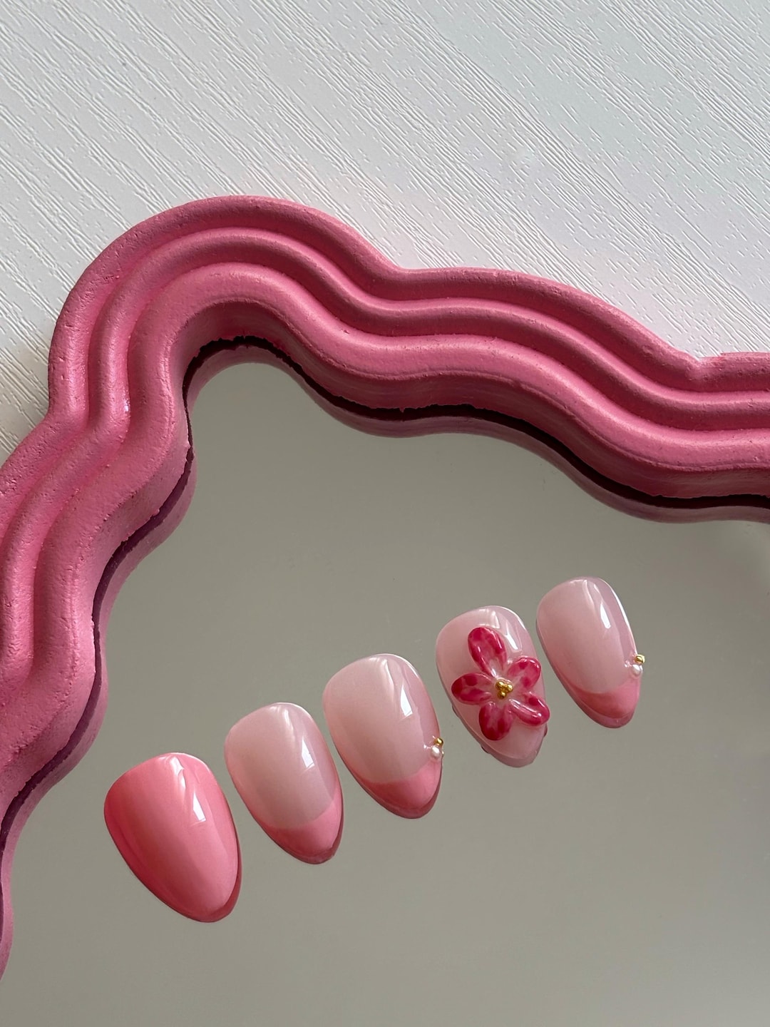 Pink French Nails/ Pink Nails/ 3D Flower Decoration Nails/ Summer Nails ...