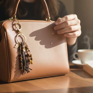 Handbag Purse Charm With Brown Beads, Woodbeads, and Gold Beads. A Gold ...