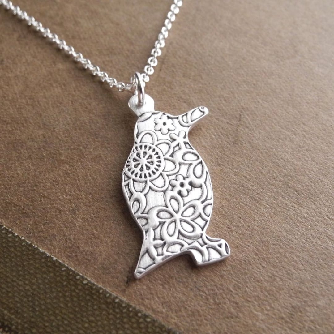 Penguin Necklace, Flowered Penguin, Fine Silver, Sterling Silver Chain ...