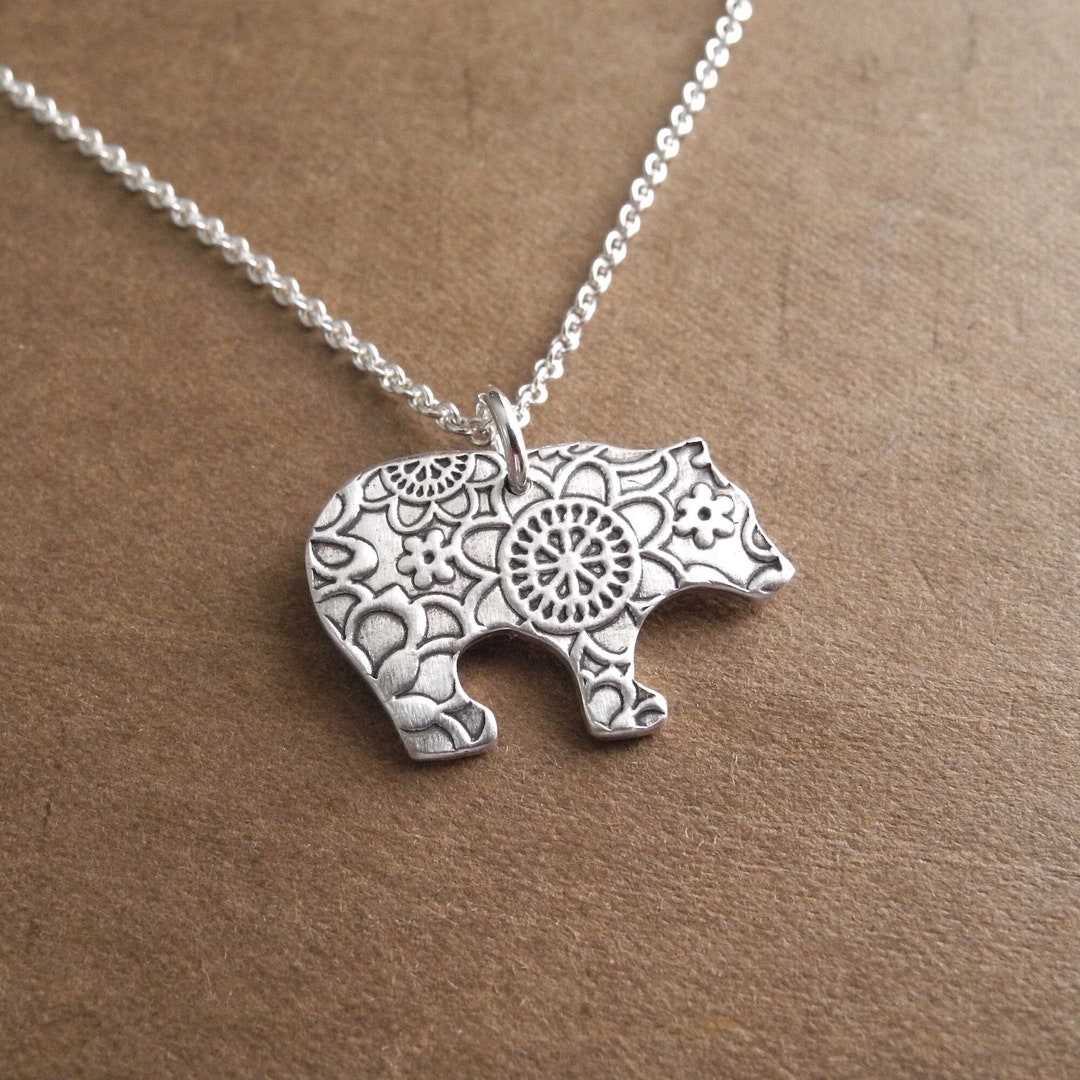 Bear Necklace, Flowered Grizzly Bear, Fine Silver, Sterling Silver ...