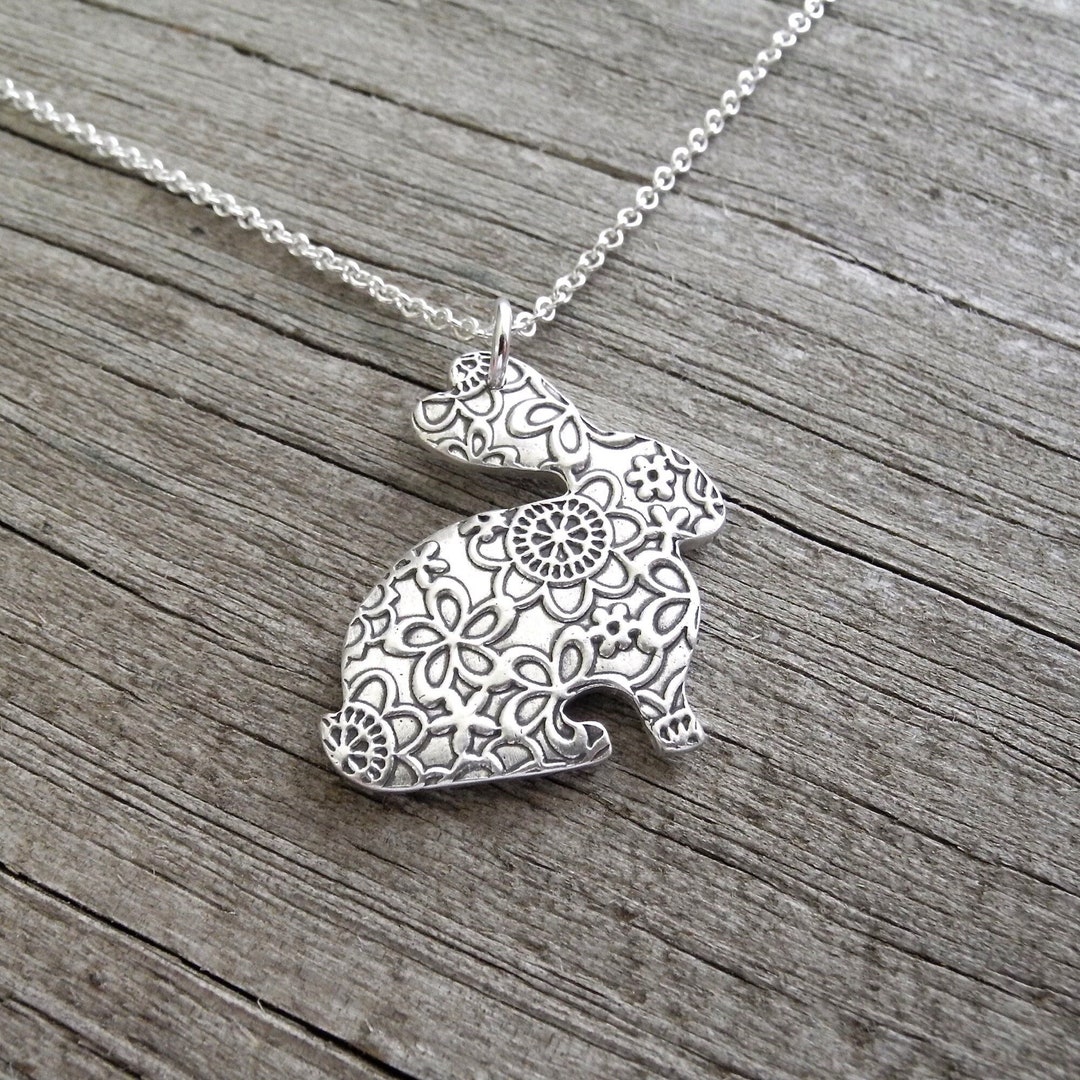 Rabbit Necklace, Flowered Rabbit, Bunny Necklace, Fine and Sterling ...
