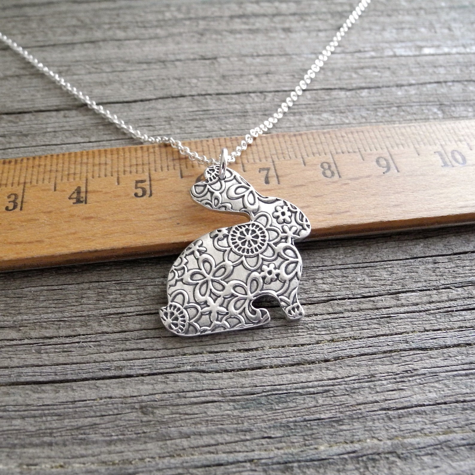 Rabbit Necklace Flowered Rabbit Bunny Necklace Fine Silver - Etsy