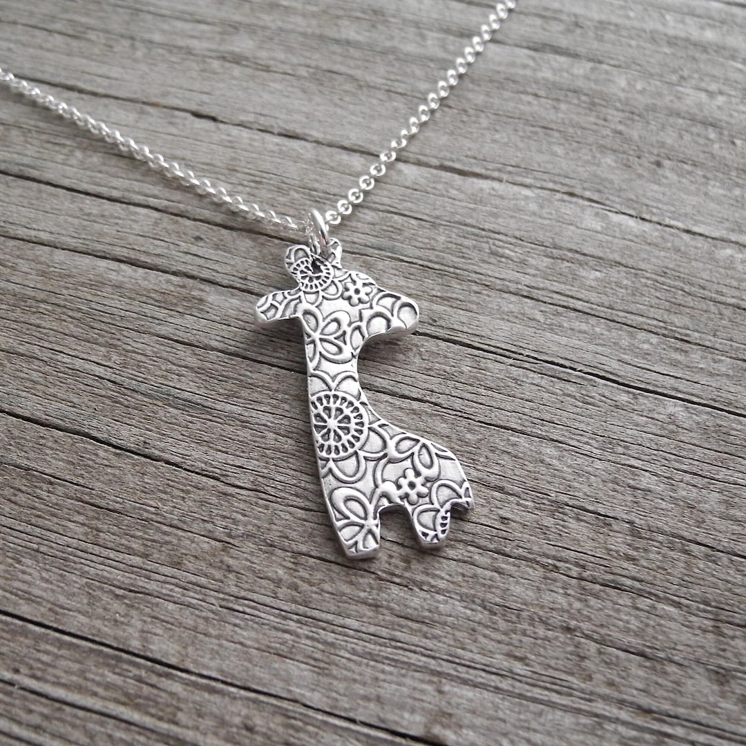 Large Giraffe Necklace, Fine Silver Flowered Giraffe, Sterling Silver ...