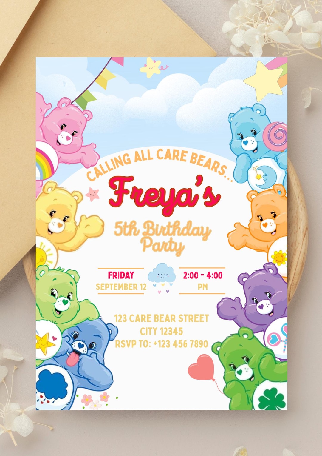Care Bears Party Invitation TV Birthday Invite Children Cartoon Pink ...