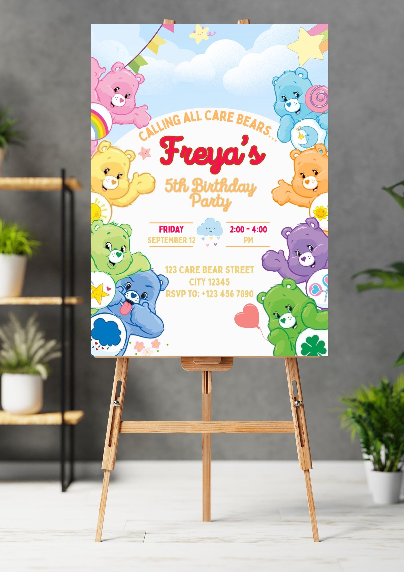 Care Bears Party Invitation TV Birthday Invite Children Cartoon Pink ...
