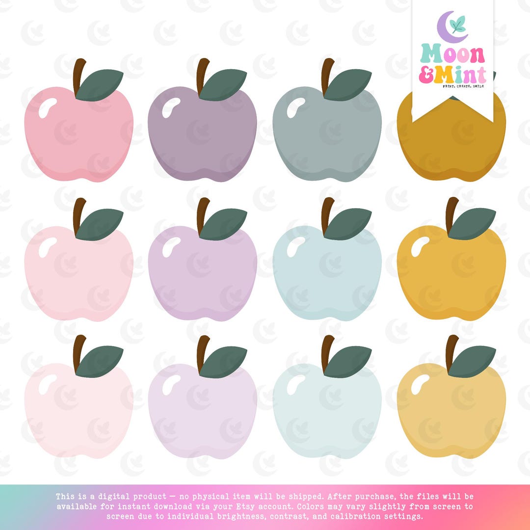 Apple PNG Clipart – Set of 12 Pastel Cute Fruit Illustrations – Digital ...