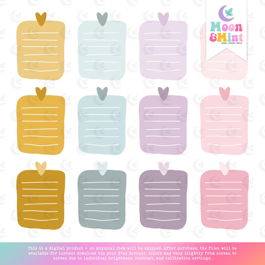 Sticky Note PNG Clipart – Set of 12 Pastel Lined Digital Elements ...