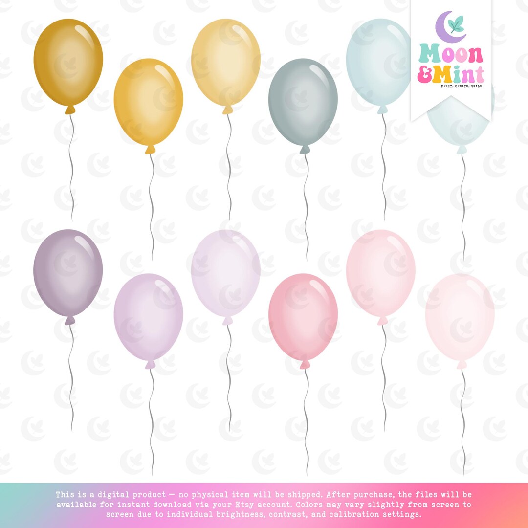 Pastel Balloon PNG Clipart – 12 Cute Party Balloons With String–digital ...