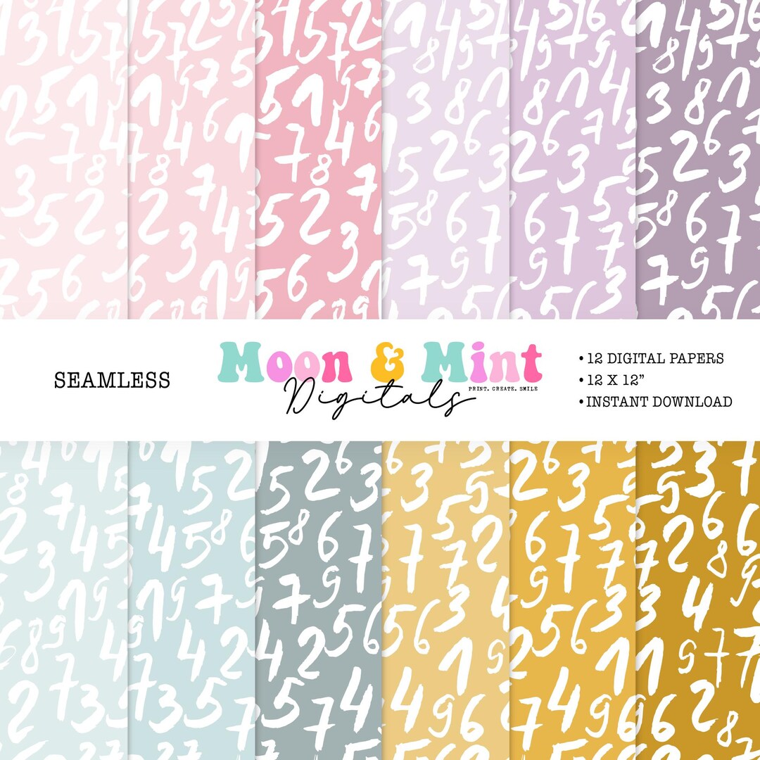 Number Digital Paper – 12 Handwritten Seamless Backgrounds – 12x12 Inch ...