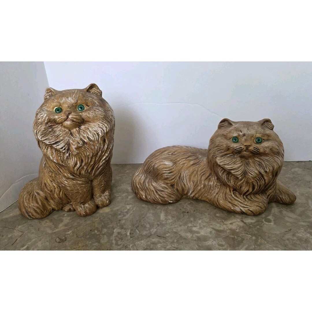 Vintage 70's Ceramic Cats Tan Green Eyes Standing Cat 8" Tall Laying is ...
