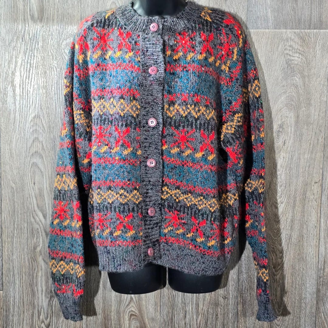 VTG D.D. Sloane Fair Isle Cardigan Sweater Small Wool Blend Nordic Boho ...