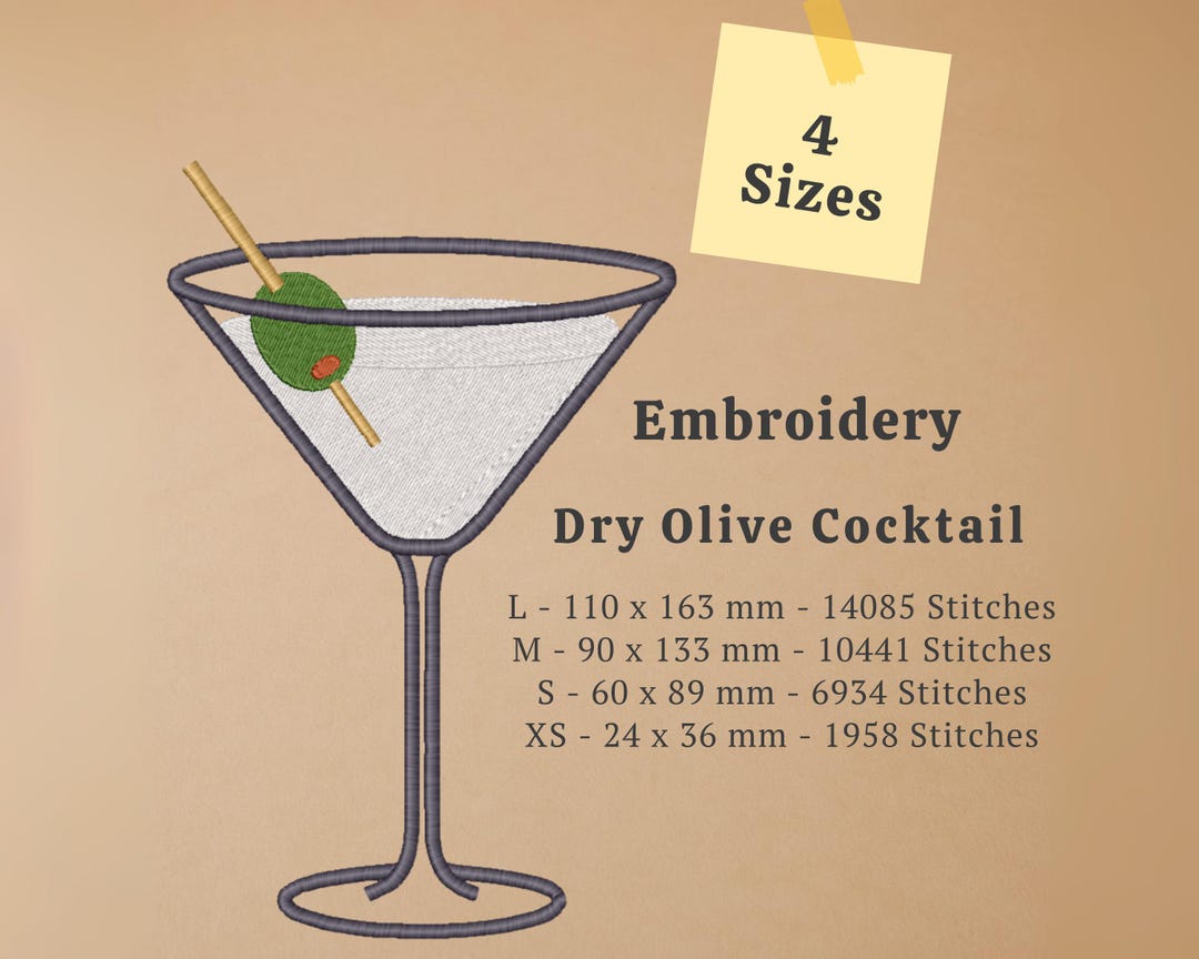 Dry Olive Cocktail Embroidery Design | Classic Cocktail Glass With ...