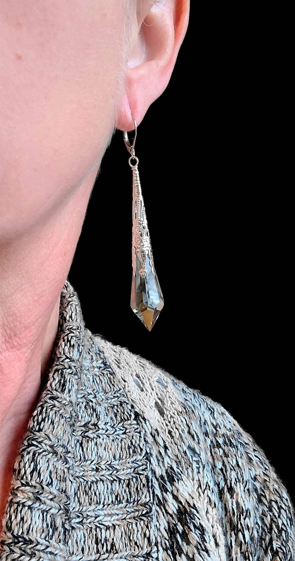 Long Crystal Earring Pointed Crystal Smoky Gray Aurora Borealis Long ...