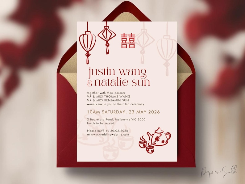 Chinese Tea Ceremony Invitation: Hand-drawn Asian Wedding Invite (5x7 ...