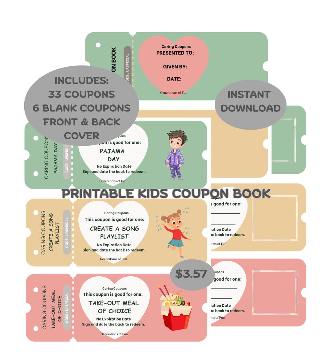 Printable Kids Coupons for Kids Reward Coupon Book Reward Ticket Kids ...