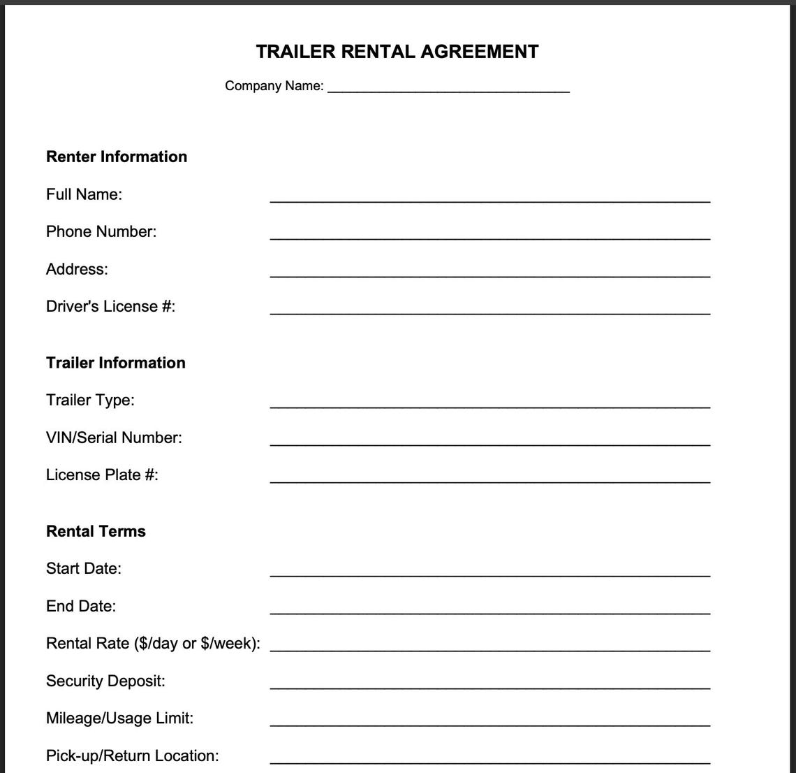 Trailer Rental Agreement Template | Printable & Editable PDF Contract ...