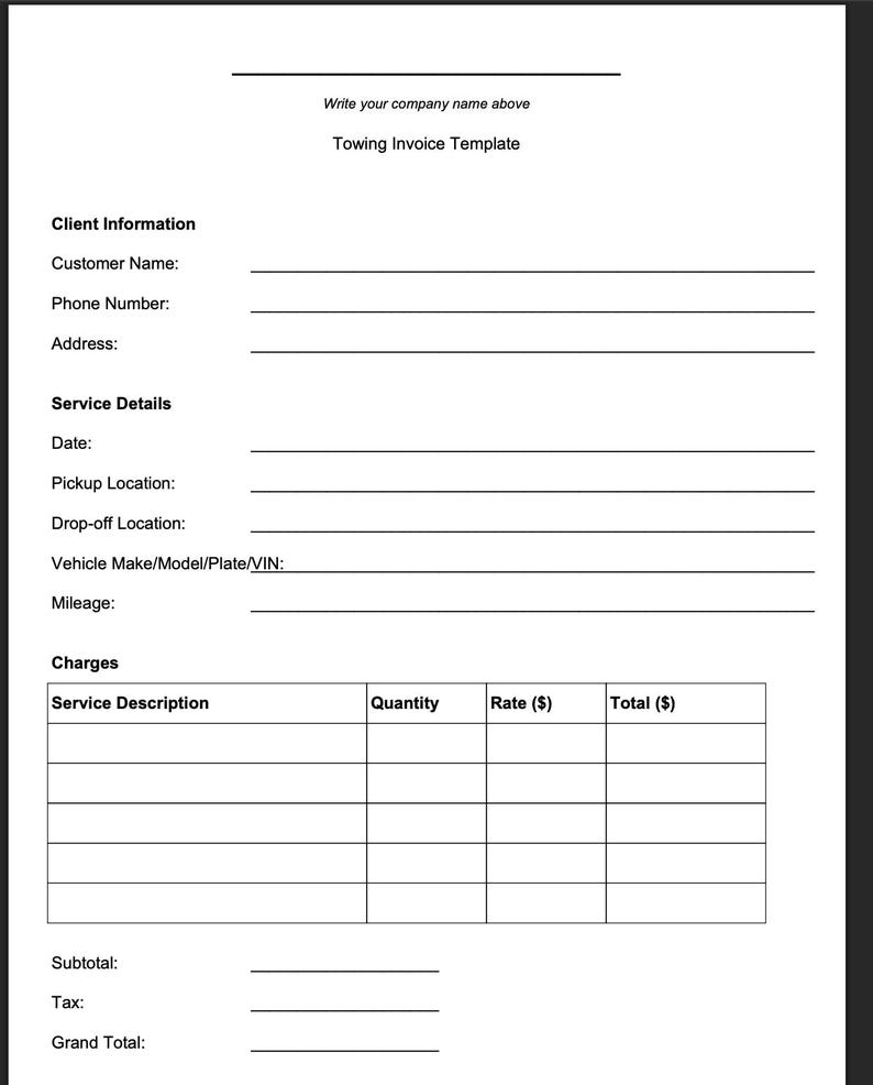 Towing Invoice Template Printable PDF | Auto Repair Receipt ...