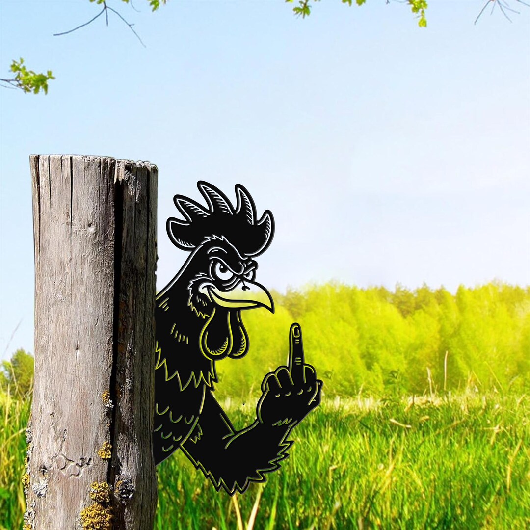 Funny Rooster Peeking Metal Yard Sign With Middle Finger, Chicken ...