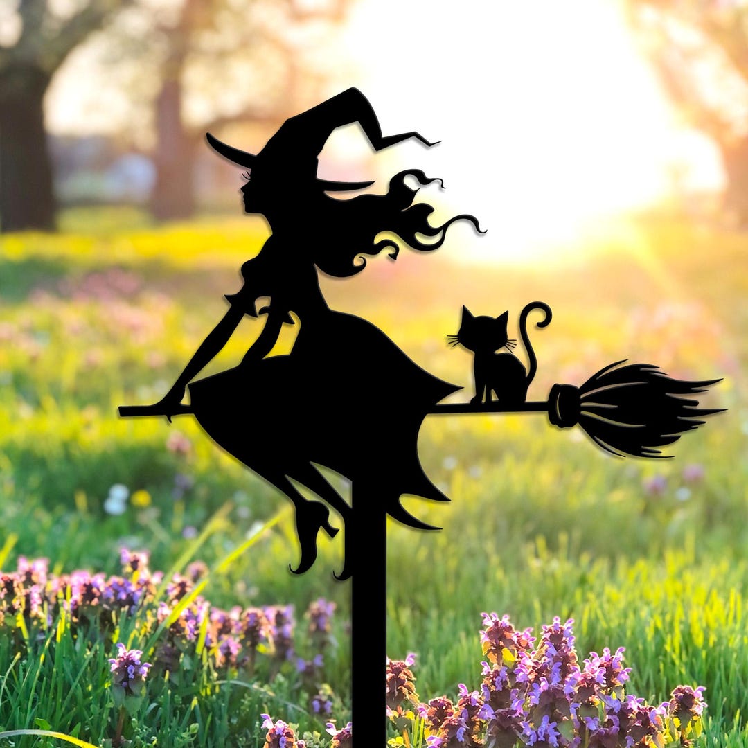 Witch Garden Stake With Cat, Halloween Metal Yard Decor | Flying Witch ...