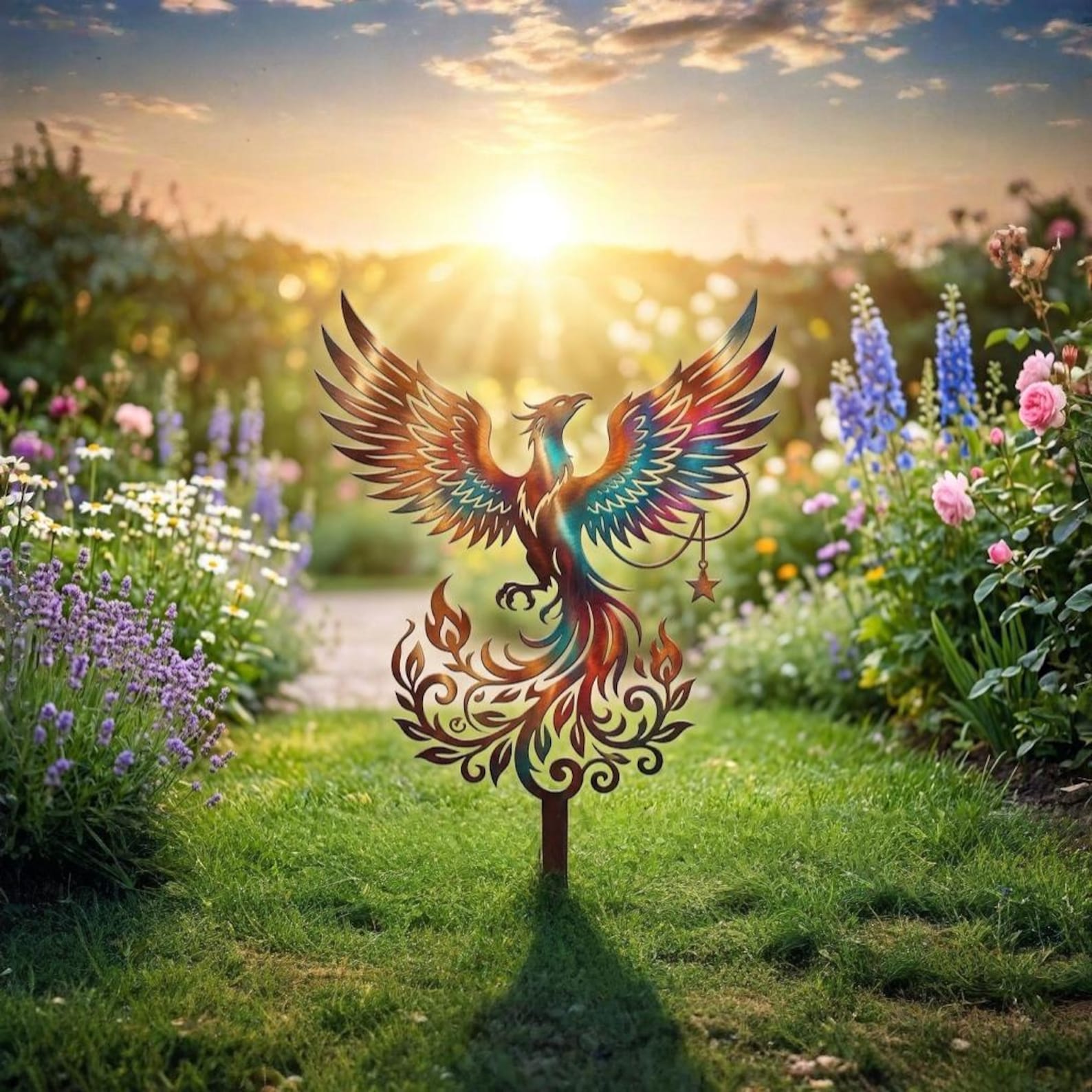 Phoenix Garden Stake, Colorful Phoenix Metal Yard Art, Firebird Outdoor ...