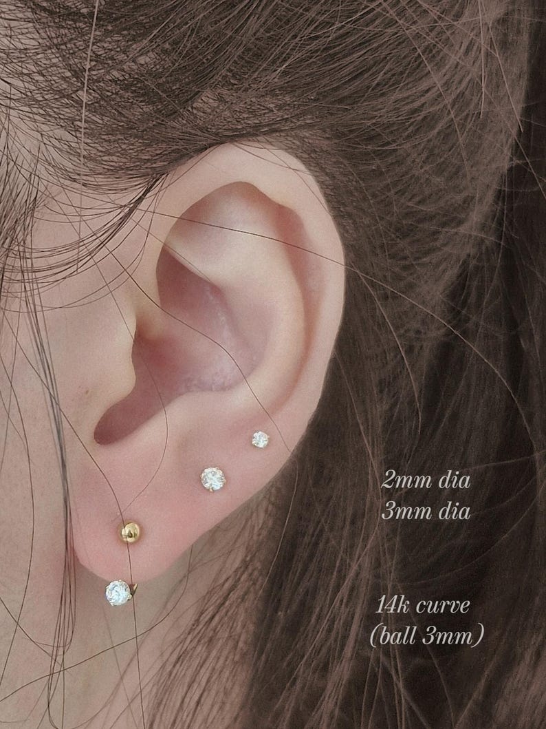 14k Solid Gold Curve Tube Piercing. 2mm 3mm Cubic Ball Piercing. - Etsy