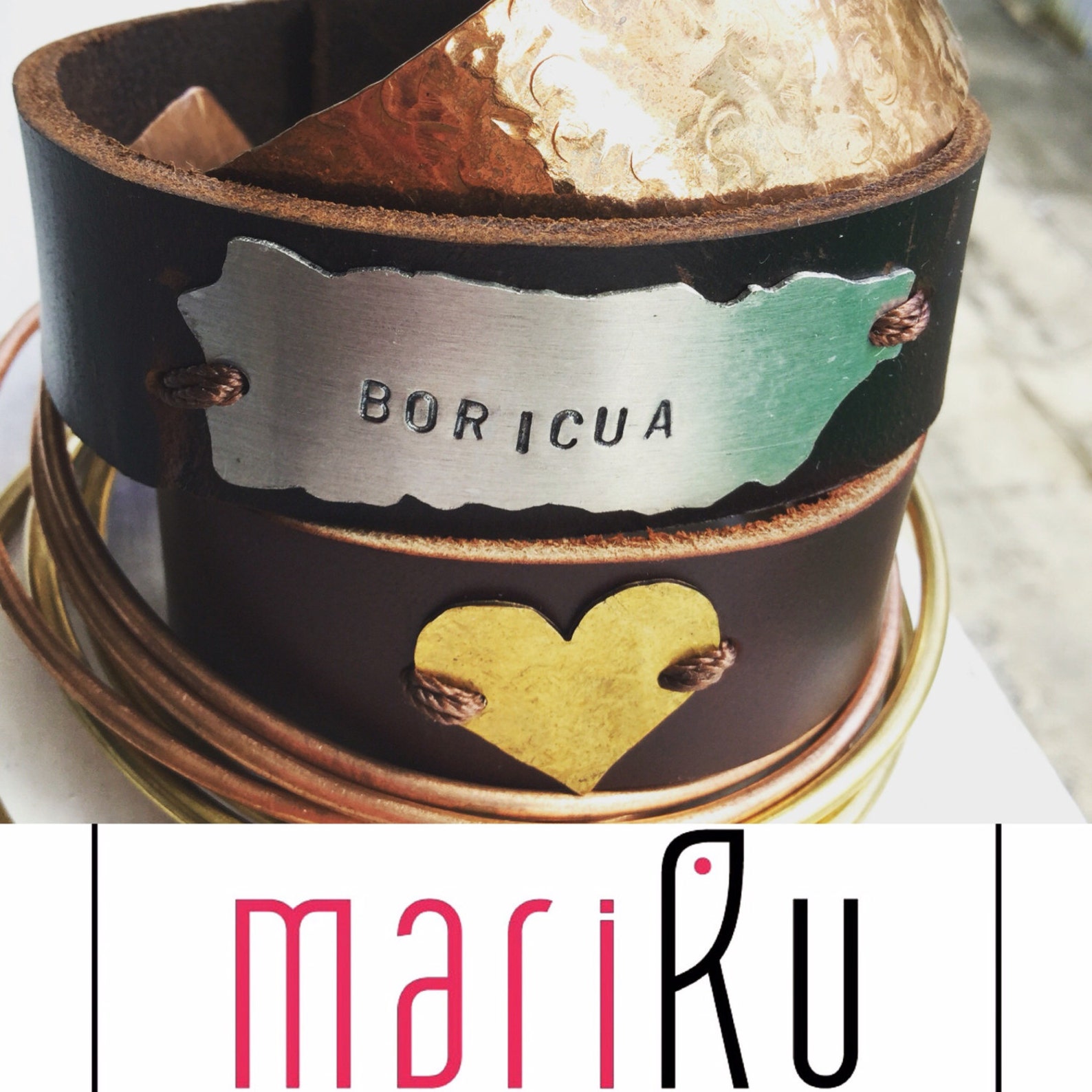 Leather and Hand Stamped BORICUA on Aluminum Puerto Rico Map Shape - Etsy