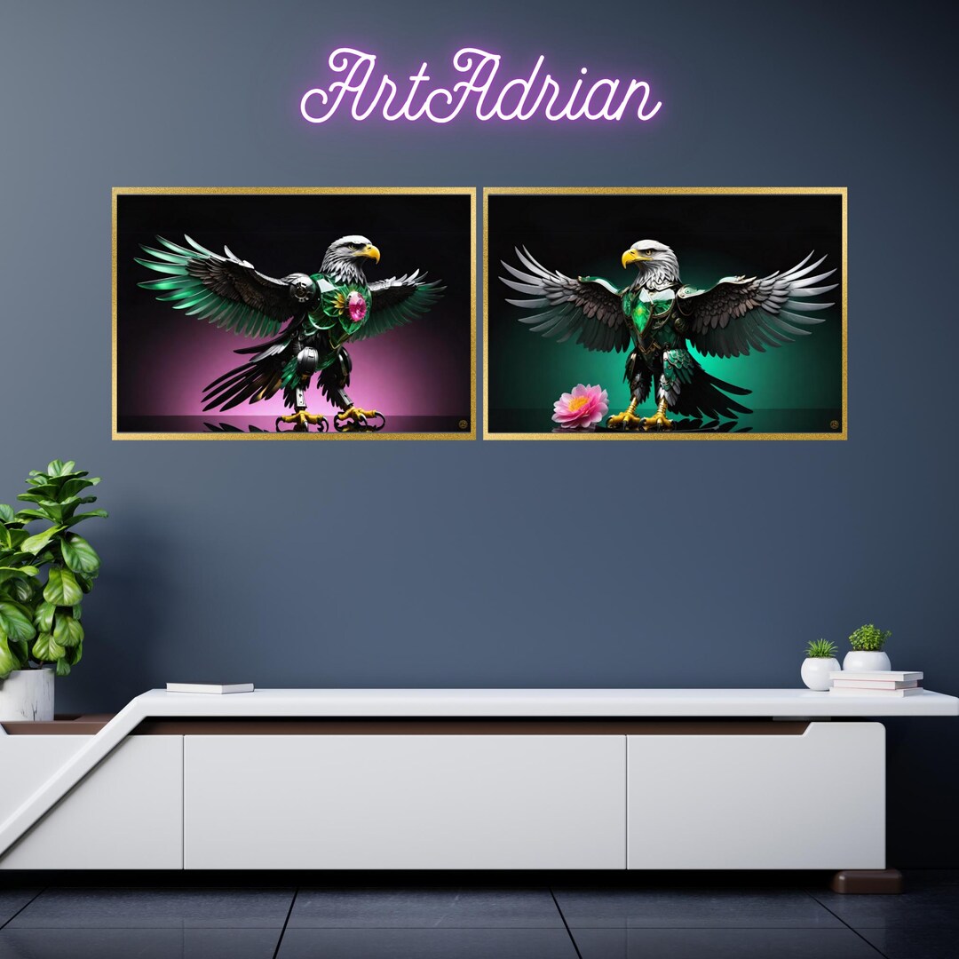 Floral Mecha Eagle Print Set: Cyberpunk Sci-fi Wall Art (digital ...