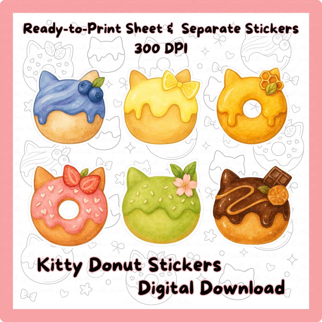 Kitty Donut Stickers | Cute Cat Donut Digital Download | Printable ...