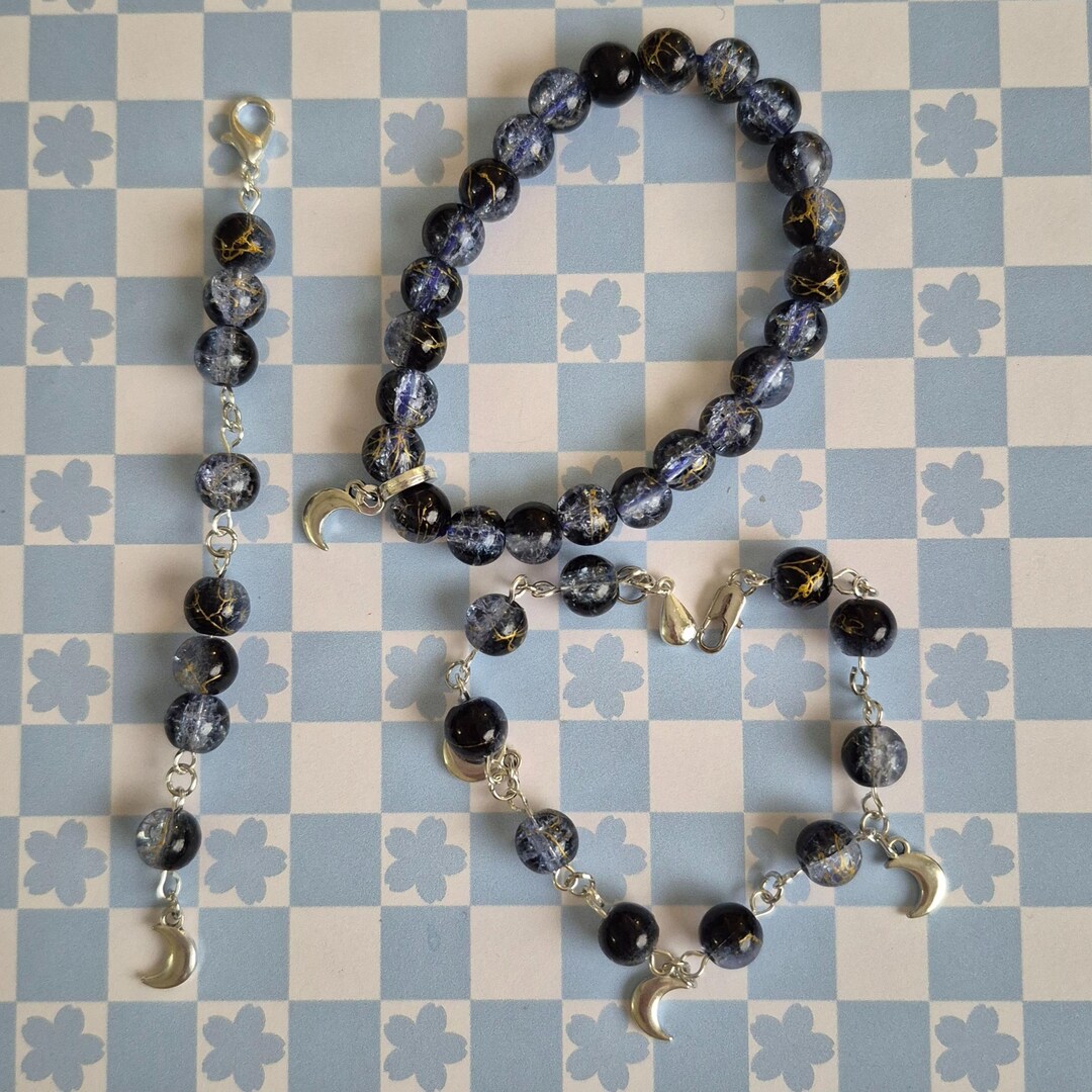 Crescent Moon Bracelet – Gold & Galaxy Bead Design - Etsy