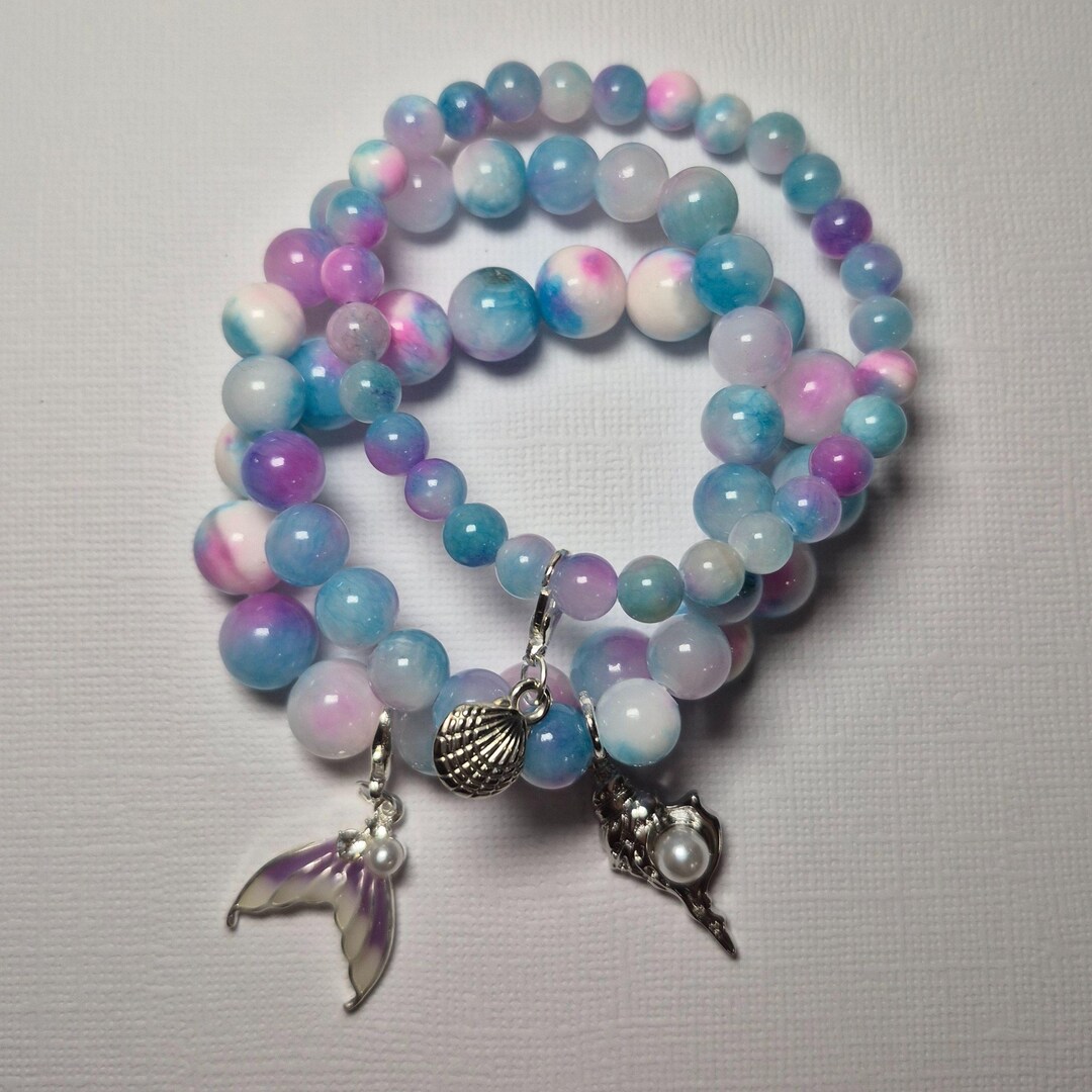 Mermaid Pastel Beaded Elastic Bracelet With Removable Charms - Sea ...