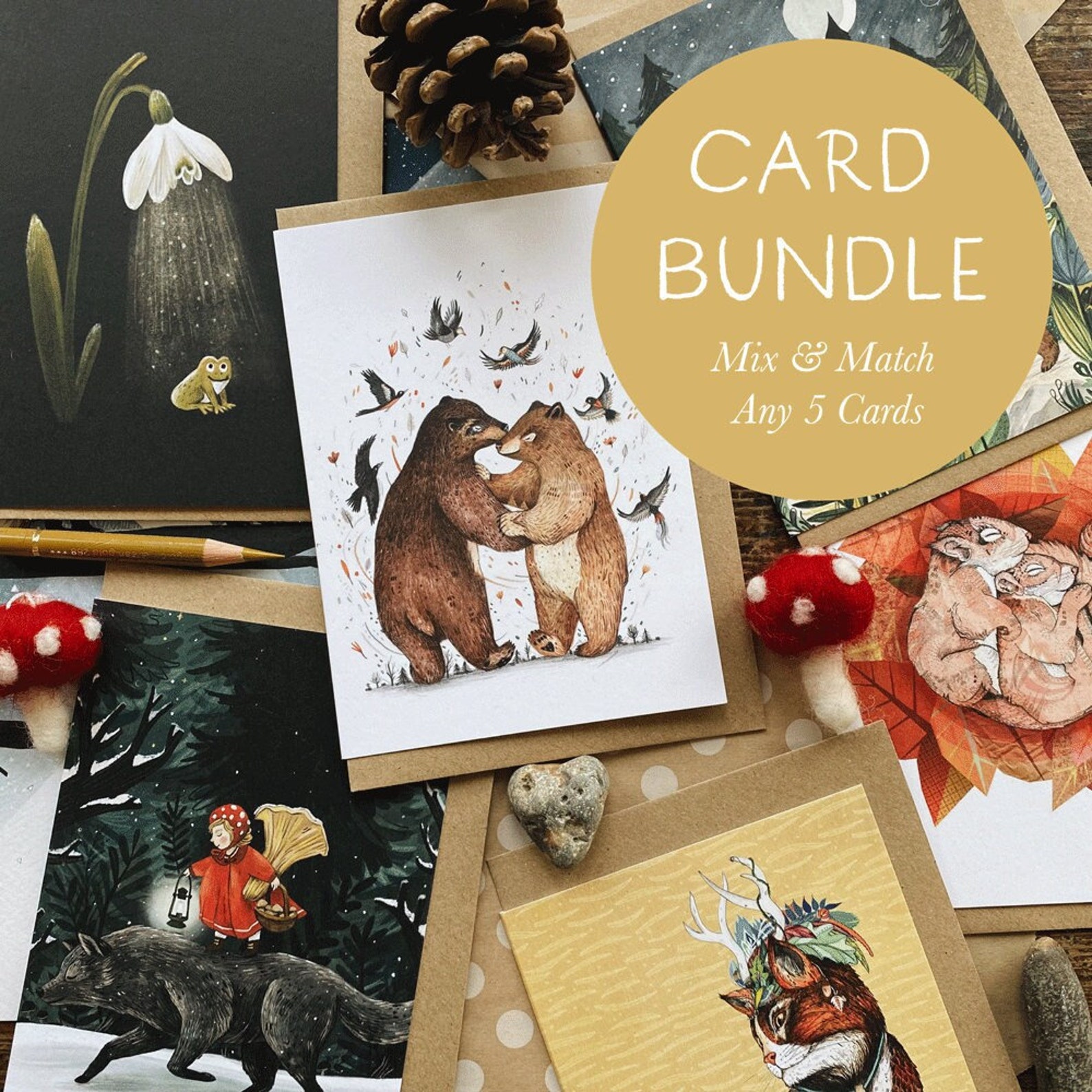 Pack of 5 Illustrated Cards, Mix and Match, Card Set, Assorted Cards ...