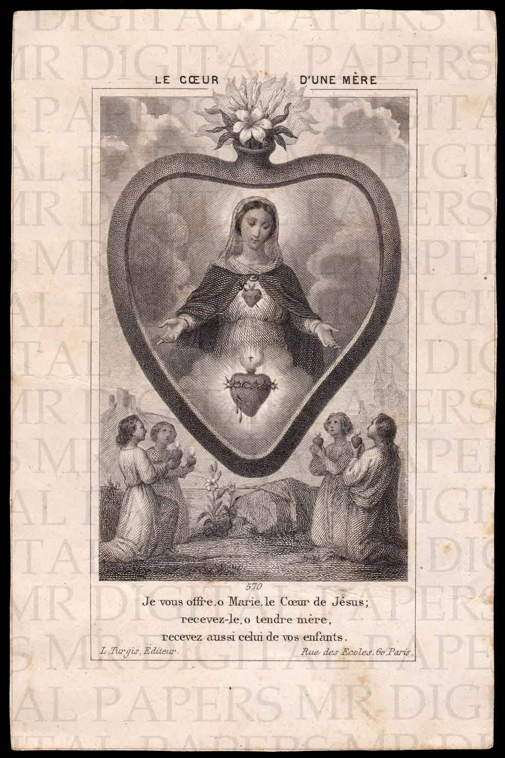 Sacred Heart / Mary Engraving / Sacred Heart Holy Prayer Card / Sacred ...