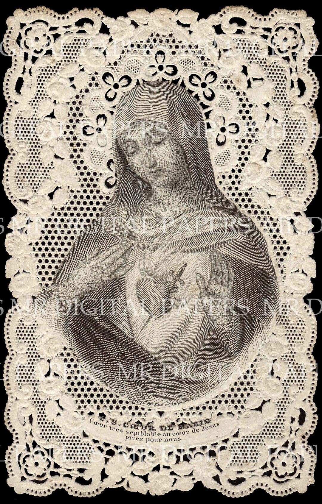 Lace Holy Prayer Card / Virgin Mary / Sacred Heart of Mary / Madonna ...