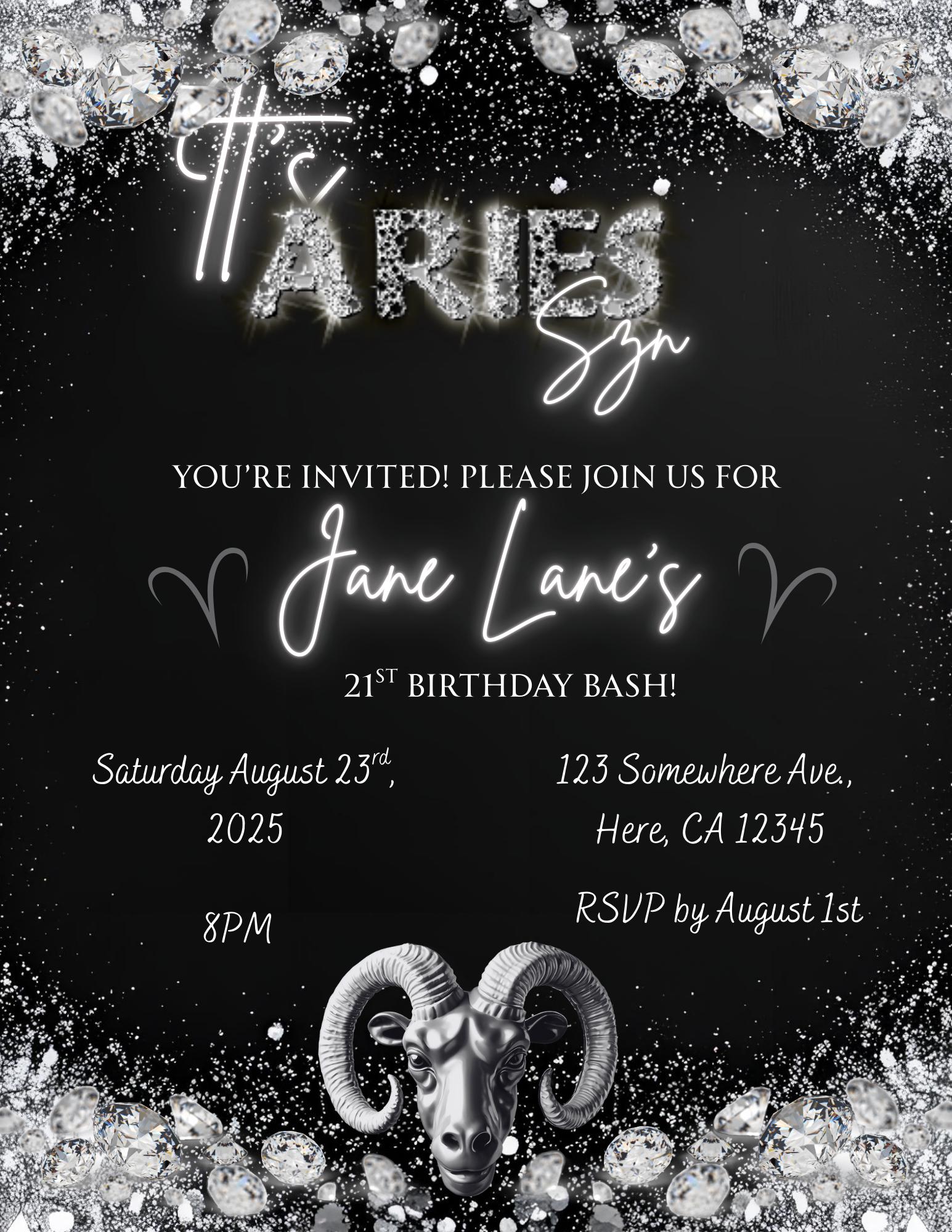 Aries Birthday Party Invitation: Editable Diamond Design (digital ...