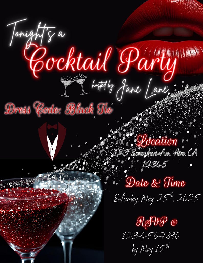 Editable Cocktail Party Invitation: Black Tie Event, Red & Black Theme ...