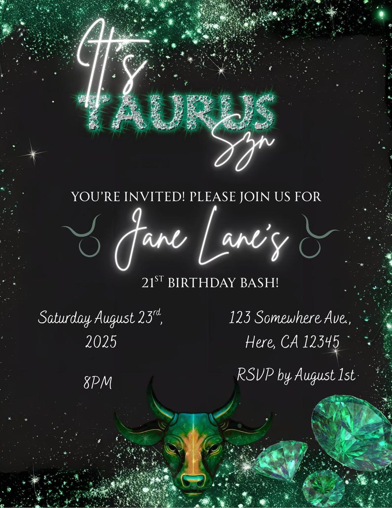 Editable Taurus Birthday Party Invitation: Green & Black Emerald Design ...